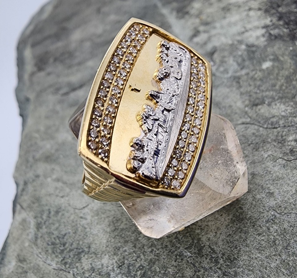10k .417 Gold Last Supper NG Two-Tone Iced Signet Sz 10 Ring Au 2448 | eBay