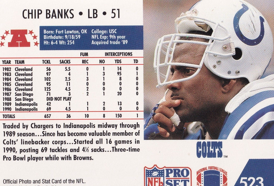 1991 Pro Set #523 Chip Banks NFL Indy Colts + (Yes 4 Free Mystery Cards ...