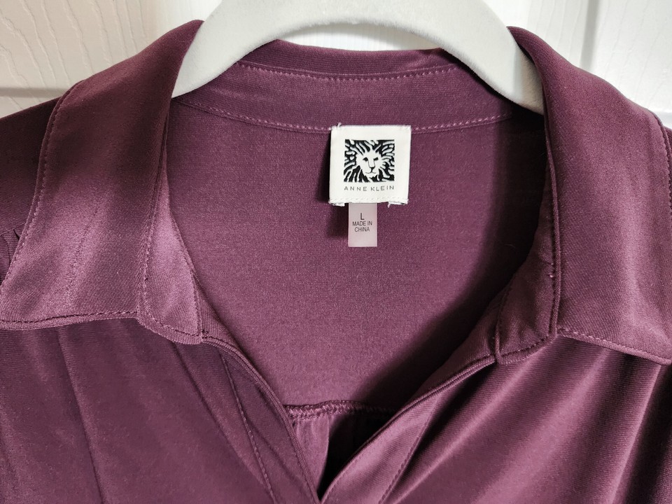 Anne Klein L Large 12, Plum Purple Polyester Blouse Half Button, Logo ...