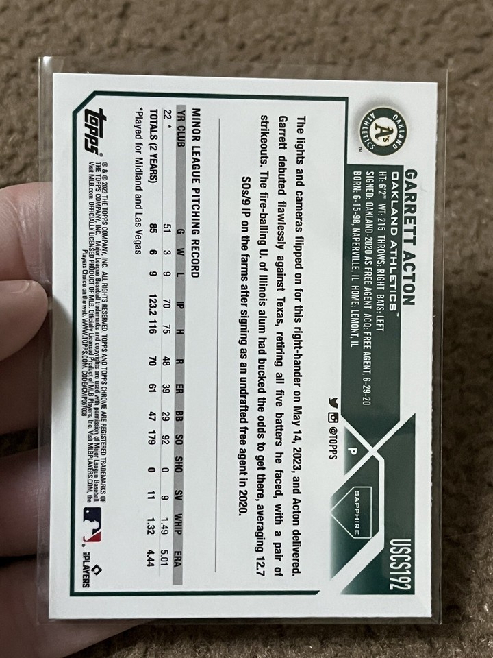 2023 Topps Chrome Update Sapphire Garrett Acton RC Rookie Oakland ...