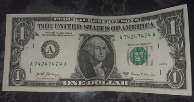 US ONE DOLLAR BILL. Unique Serial Number A-74247424-A | eBay