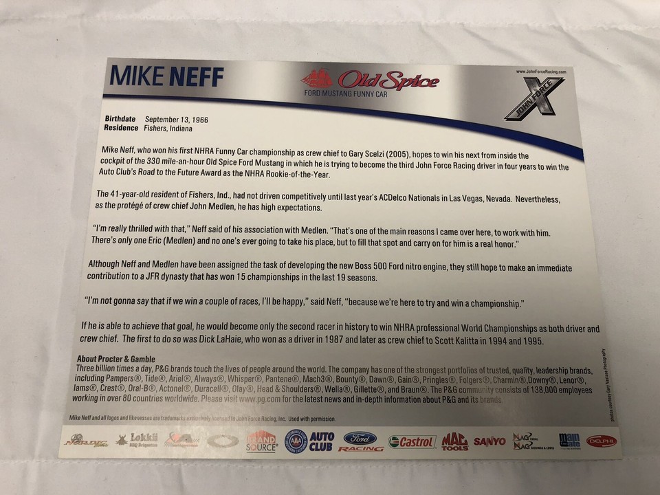2008 Mike Neff NHRA Hero Card Autographed Signed Old Spice Mustang John ...