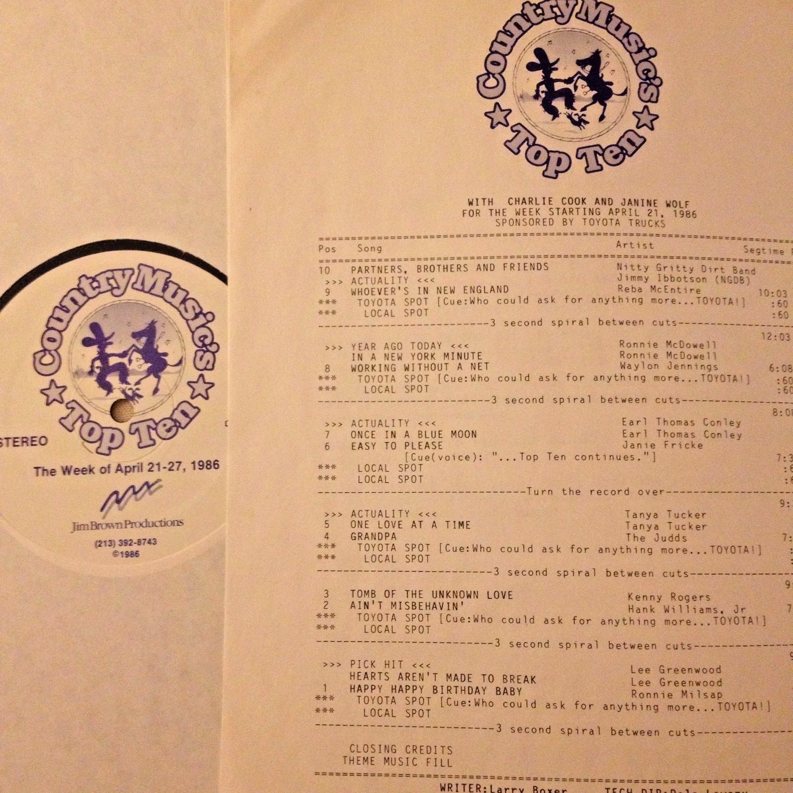 RADIO SHOW: COUNTRY TOP 10 4/21/86 INTERVIEW: JIMMY IBBOTSON, TANYA ...