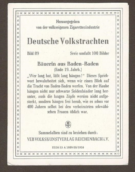 19/759 SAMMELBILD DDR 1955 TRACHT - BAUERIN AUS BADEN BADEN TRUHE ...