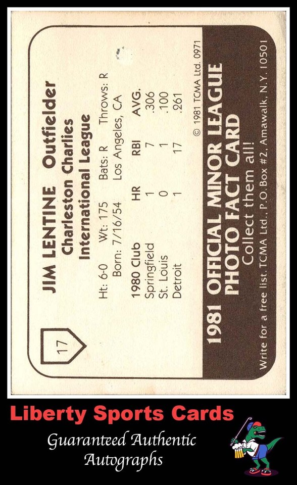 1981 TCMA Jim Lentine #17 Authentic Autographed Card Charleston ...