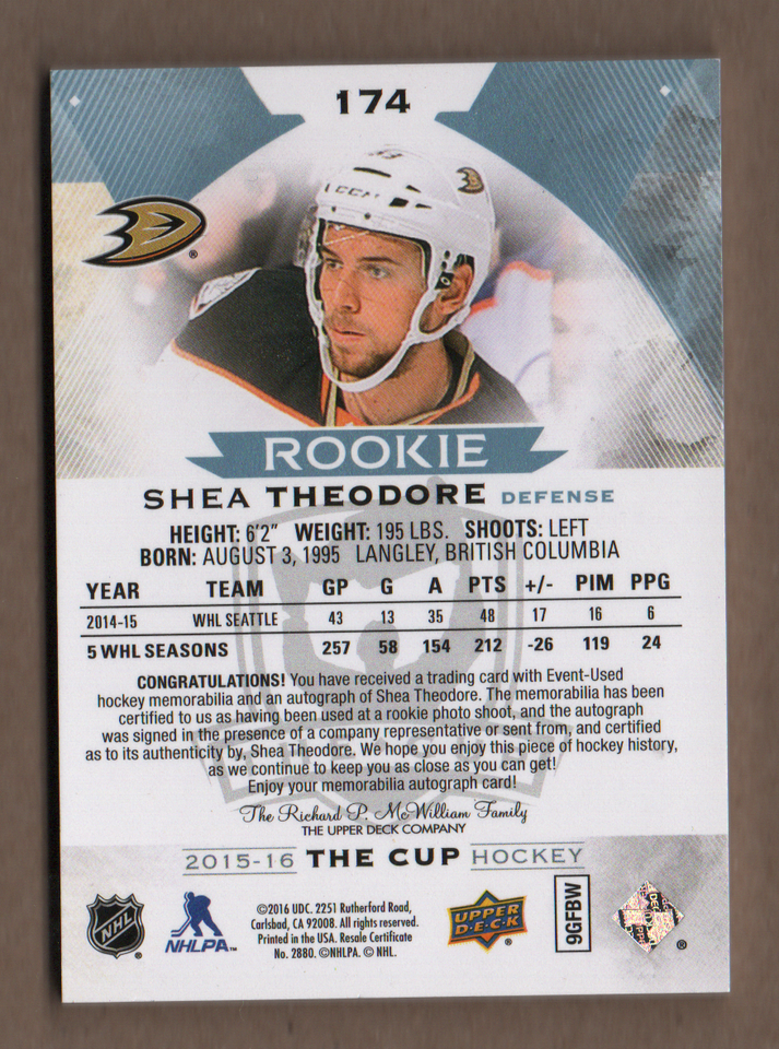 2015-16 UD THE CUP ROOKIE AUTO/PATCH , **SHEA THEODORE RC**, 212/249 ...