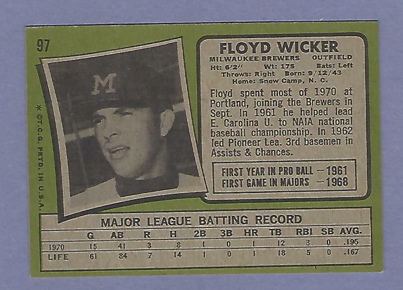 1971 Topps - #97 Floyd Wicker - Milwaukee Brewers - ExMt+ | eBay