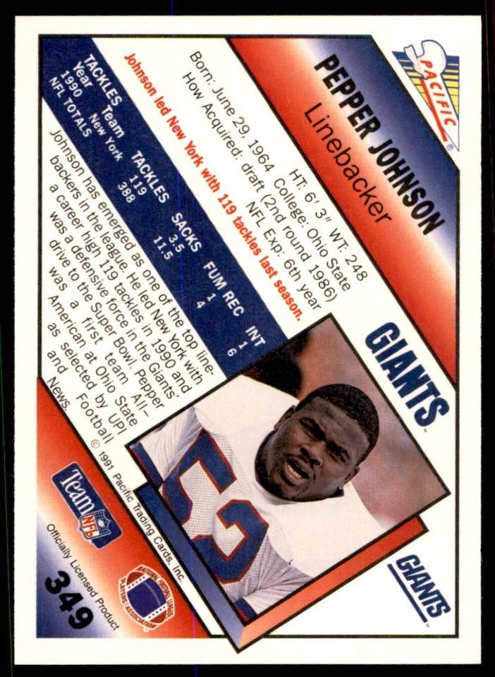 1991 Pacific Pepper Johnson . New York Giants #349 | eBay