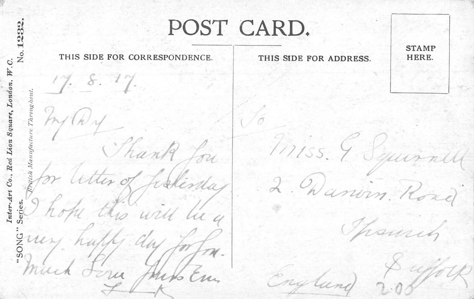POSTCARD WWI SENTIMENTAL WIFE MY HEART IS WITH YOU TONIGHT ARTHUR ...
