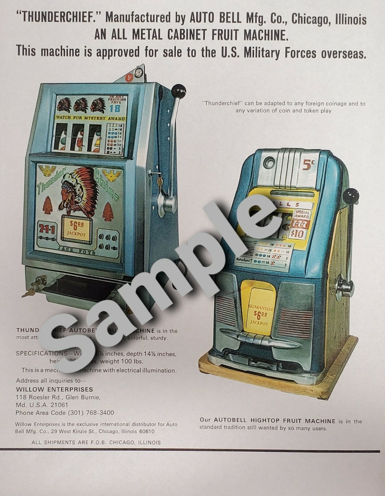 ANTIQUE SLOT MACHINE ADVERTISEMENT! THUNDERCHIEF & AUTOBELL HI TOP SLOT ...