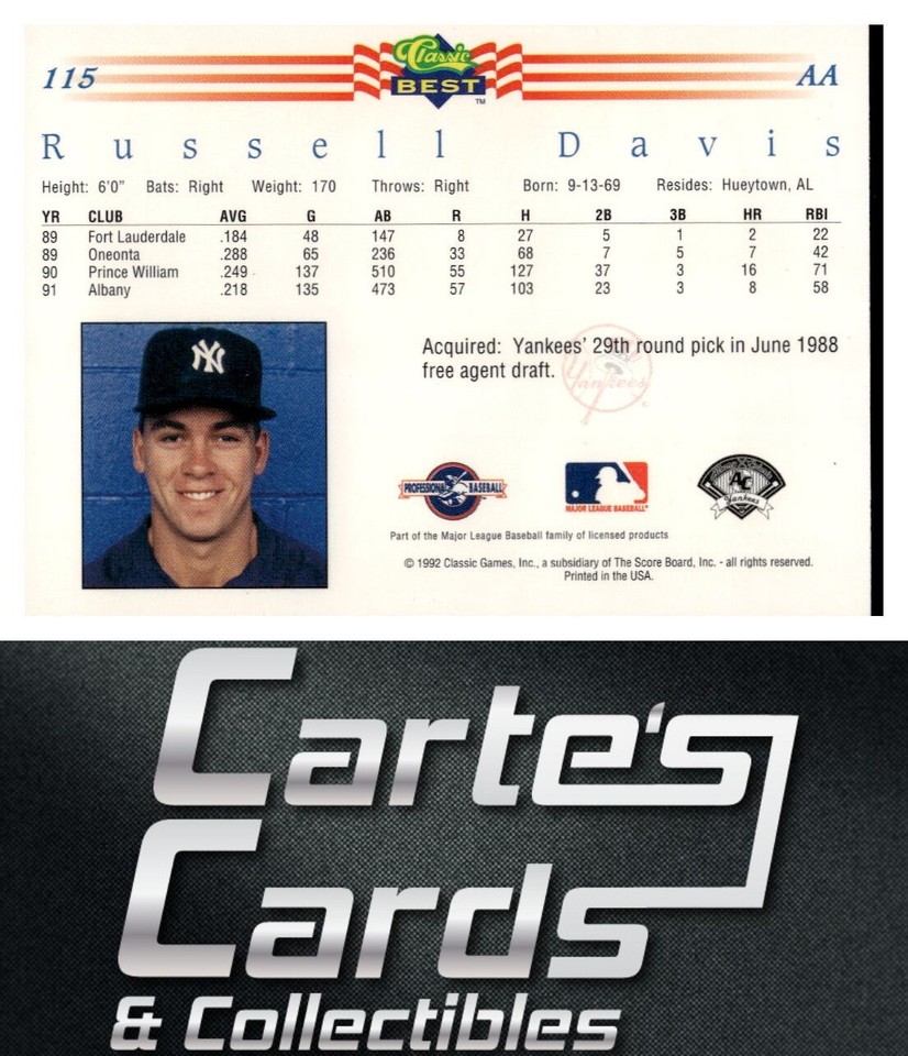 Russell Davis 1992 Classic Best #115 Yankees TTM/IP Signed Autographed ...