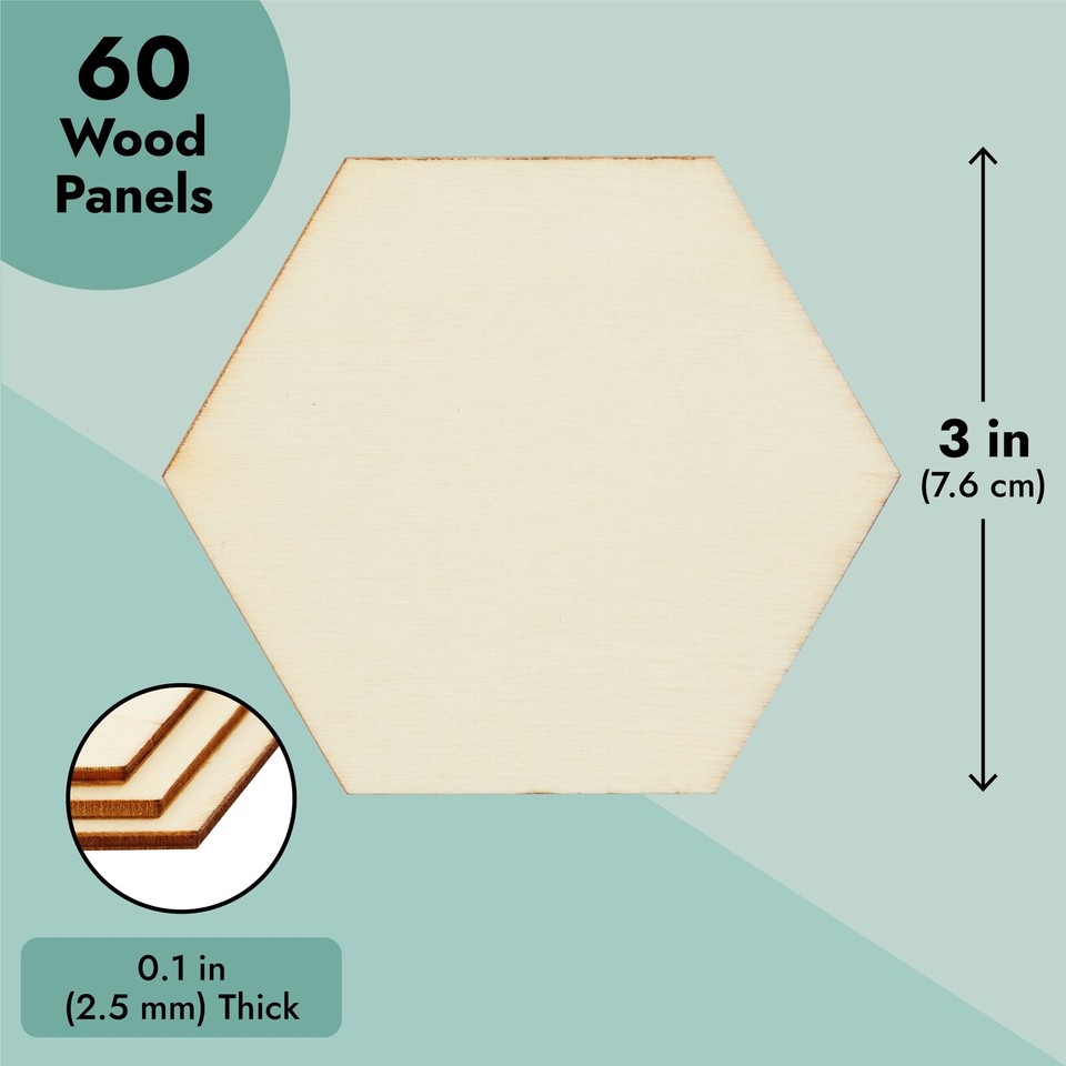60 Pack Unfinished Wooden Hexagon Pieces for DIY Crafts, 3 In Wood ...