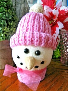 New Fuzzy Snowball Snowman Christmas Ornament with Pink Knit Hat ...