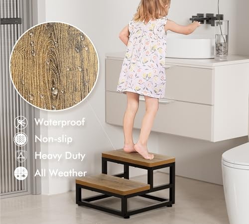 Two Step Stool for Adults Kids, Bed Step Foot Stool Double Tier Rustic ...