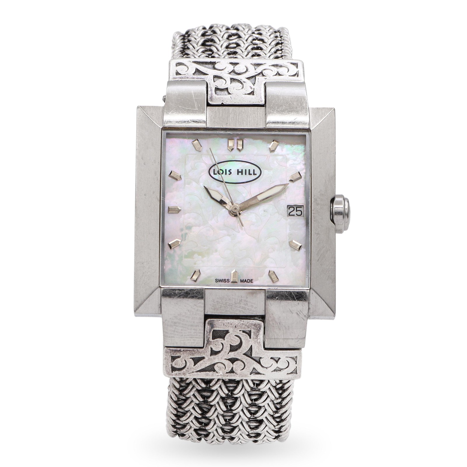 Lois Hill Stainless Steel MOP Dial Sterling Silver Bracelet Date Watch ...