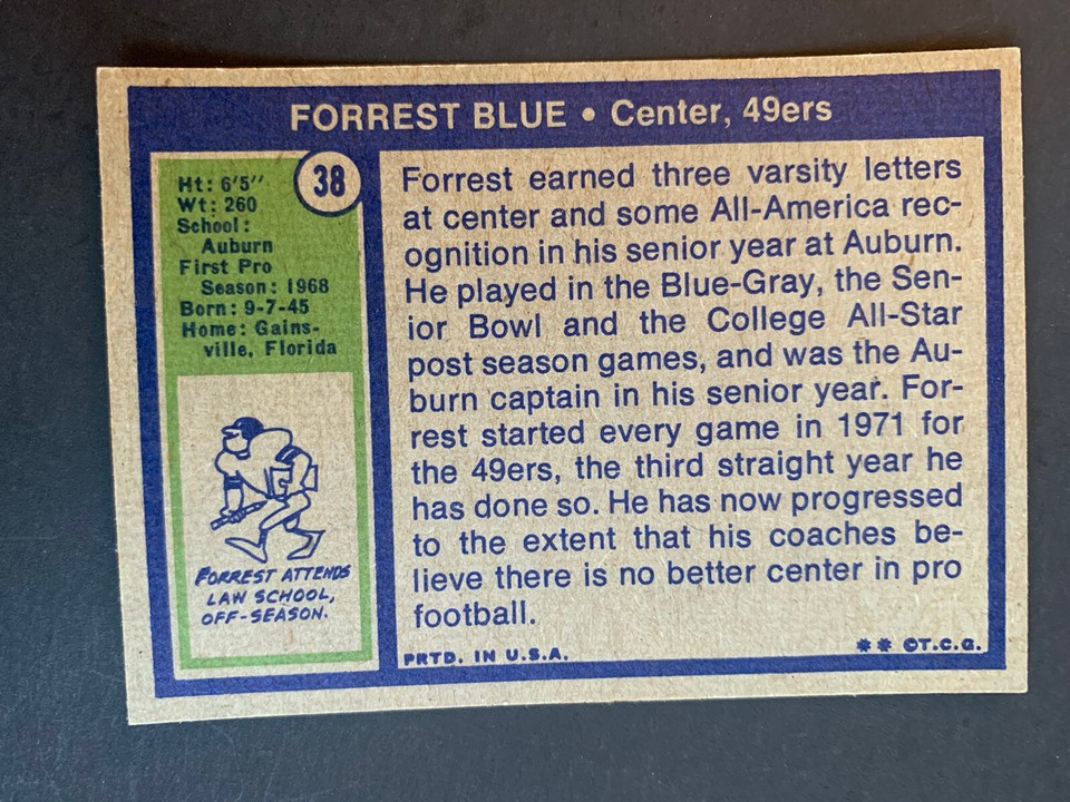 1972 Topps Football #38 Forrest Blue EX+ Rookie Niners Auburn Set Break ...
