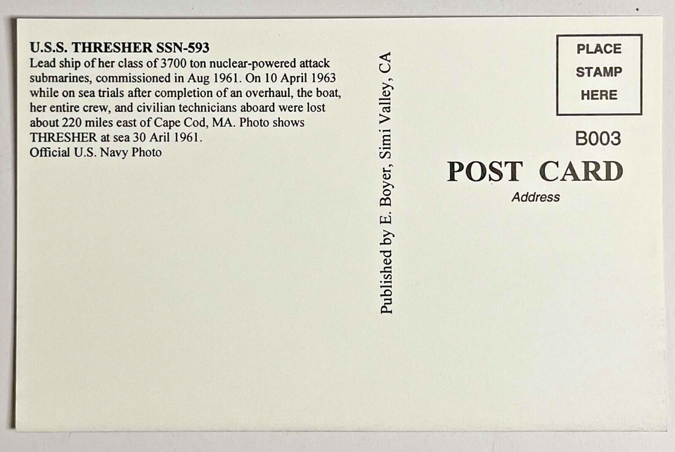 USS Thresher SSN-593 postcard US Navy nuclear-powered submarine | eBay
