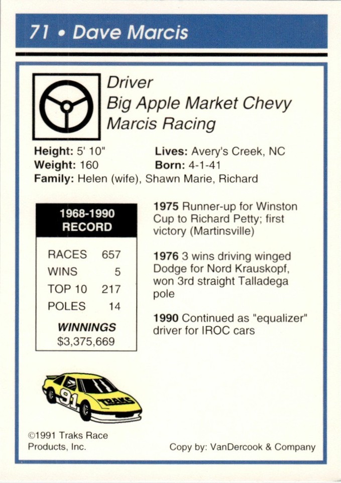 1991 TRAKS NASCAR CARD DAVE MARCIS #71 7472 | eBay