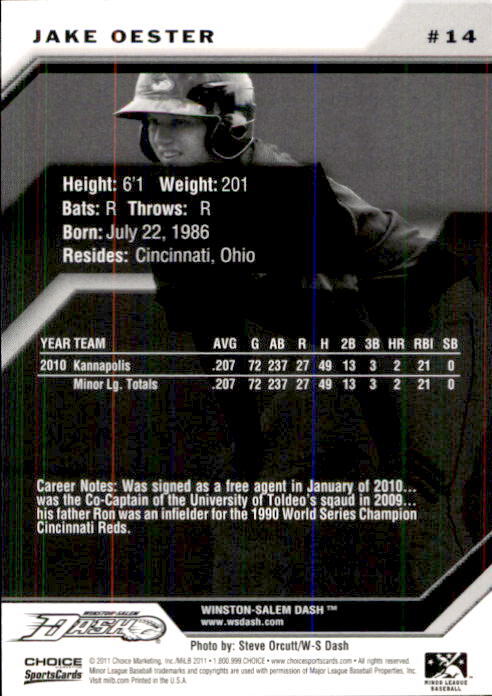 2011 Winston-Salem Dash Choice #14 Jake Oester Cincinnati Ohio OH ...