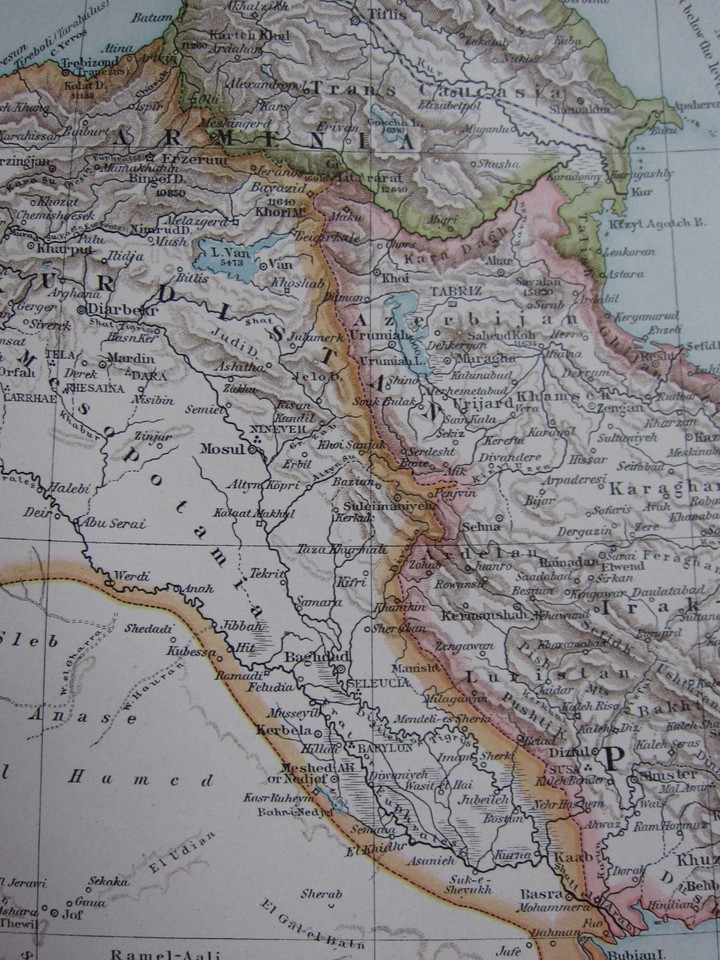 1893 LARGE ANTIQUE MAP ~ ASIA MINOR & PERSIA CYPRUS ARMENIA PERSIA ...