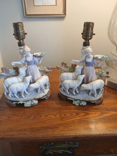 Lamps Nursery Shepherdess Sheep Pair Pastels Antique | eBay