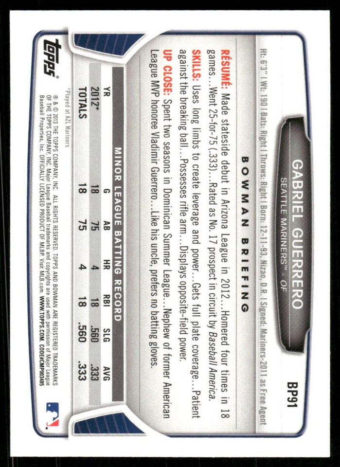 Gabriel Guerrero 2013 Bowman Prospects #BP91 Seattle Mariners | eBay