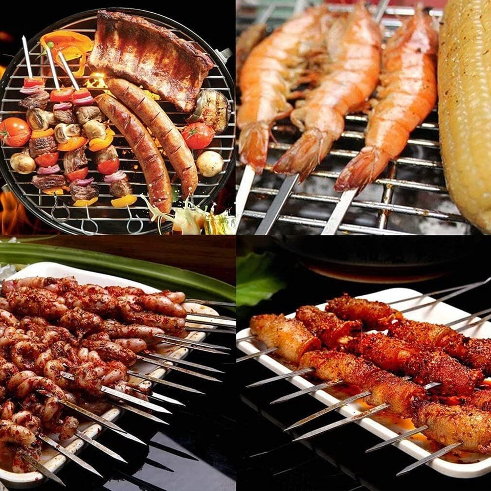 12PCS Kabob Skewers Flat Metal Stainless Steel BBQ Barbecue Skewer 14 ...