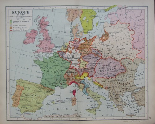 1911 MAP ~ EUROPE IN 1740 FRANCE KINGDOM OF HUNGARY BOHEMIA BAVARIA ...