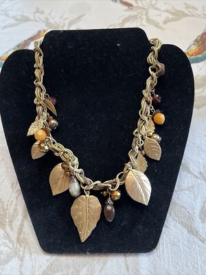 Vintage Gold & Autumn Colored Bead Leaf Design Chain Link Necklace | eBay