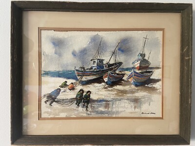 Robert Fabe (American 1917-2004) “FISHERMEN OF NAZARE” Watercolor ...