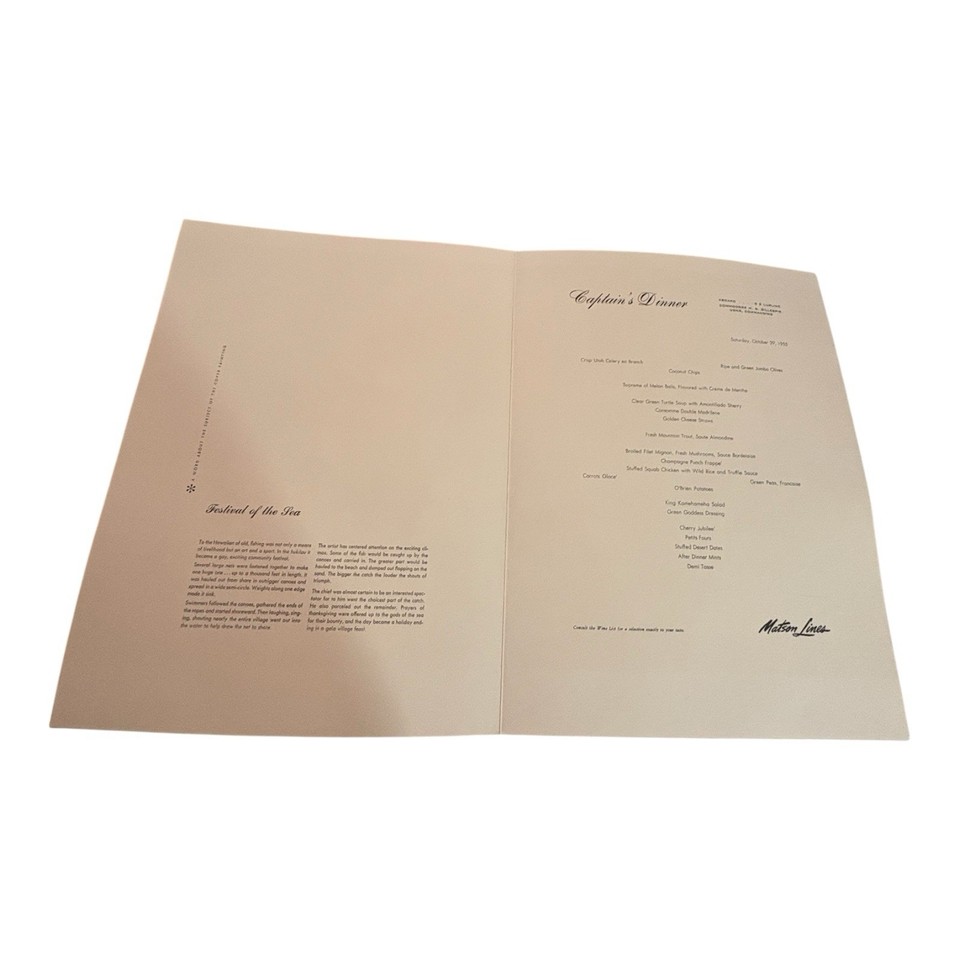 Hawaiian Art Captains Dinner Menu Oct 29 1955 SS Lurline Matson Lines ...