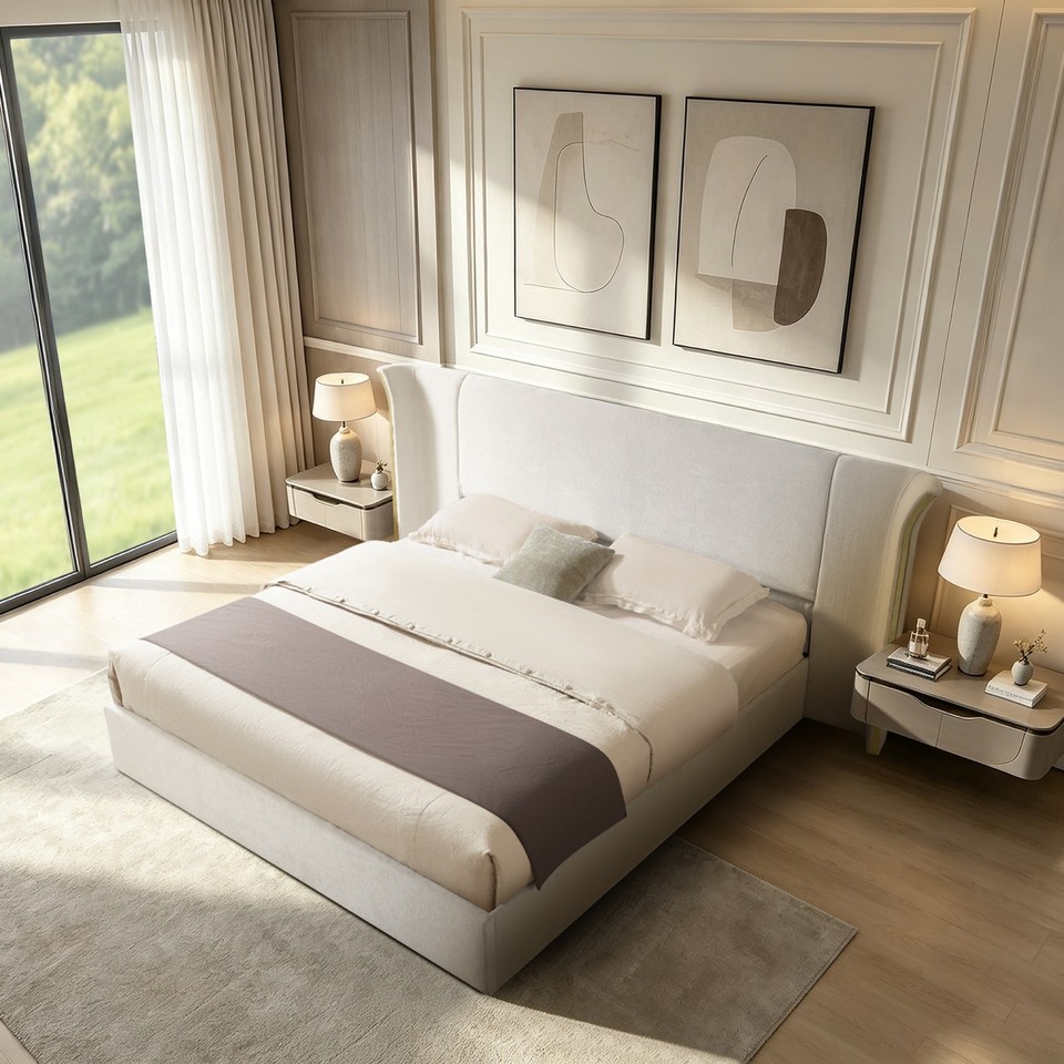 Queen/King Bed Frame Fabric Upholstered Wingback Headboard No Box ...
