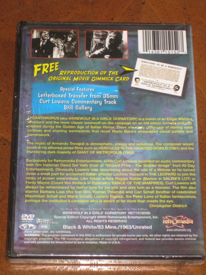 WEREWOLF IN A GIRLS' DORMITORY (1963) (DVD) RETROMEDIA - BRAND NEW ...