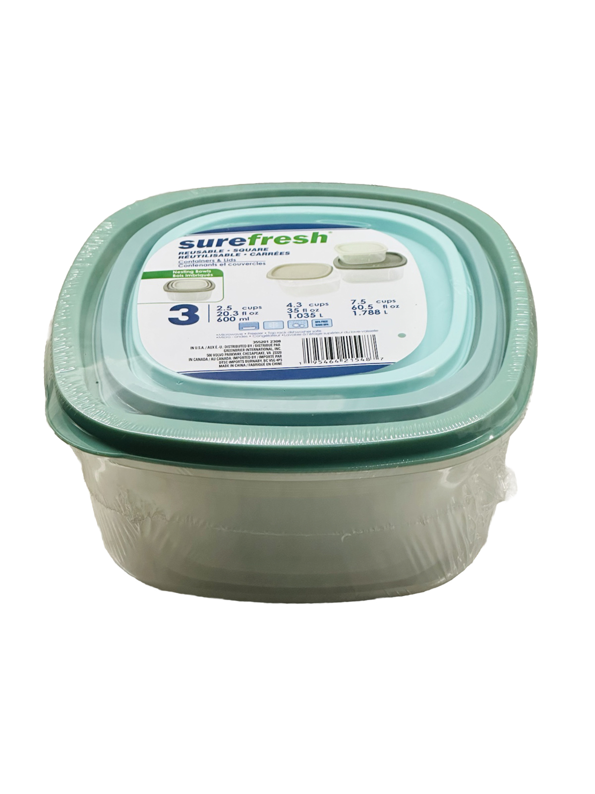 Sure Fresh Square Containers & Lids 3 Pack (20.6 oz, 35 oz & 60.5 oz)1 ...