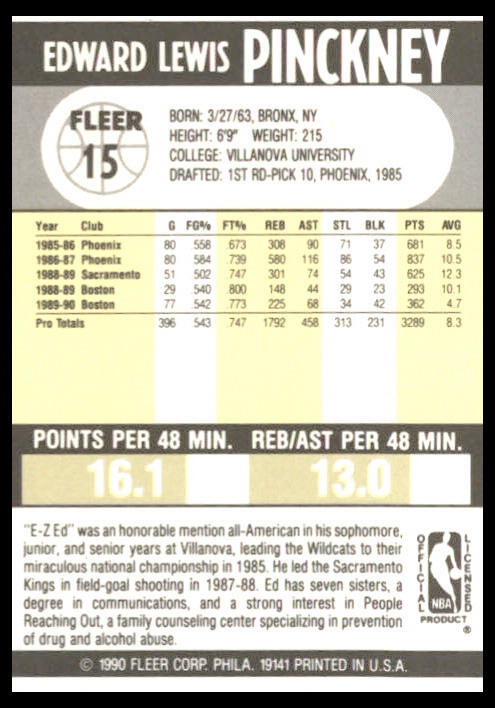 1990 Fleer #15 Ed Pinckney Boston Celtics Basketball Card | eBay