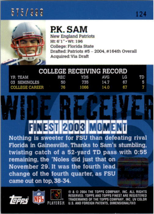 2004 Finest Football Card #124 P.K. Sam Auto Rookie /999 | eBay