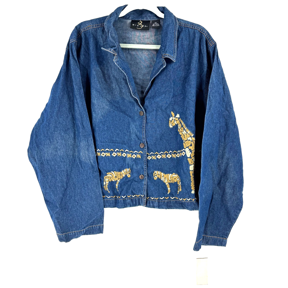 Giclee Embroidered Safari Animals Giraffe Zebra Jean Jacket Women's 3X ...