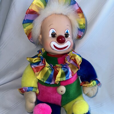 Vintage Clown Rainbow Jester Plush Rubber Face Eyes Open Close 16" Doll ...