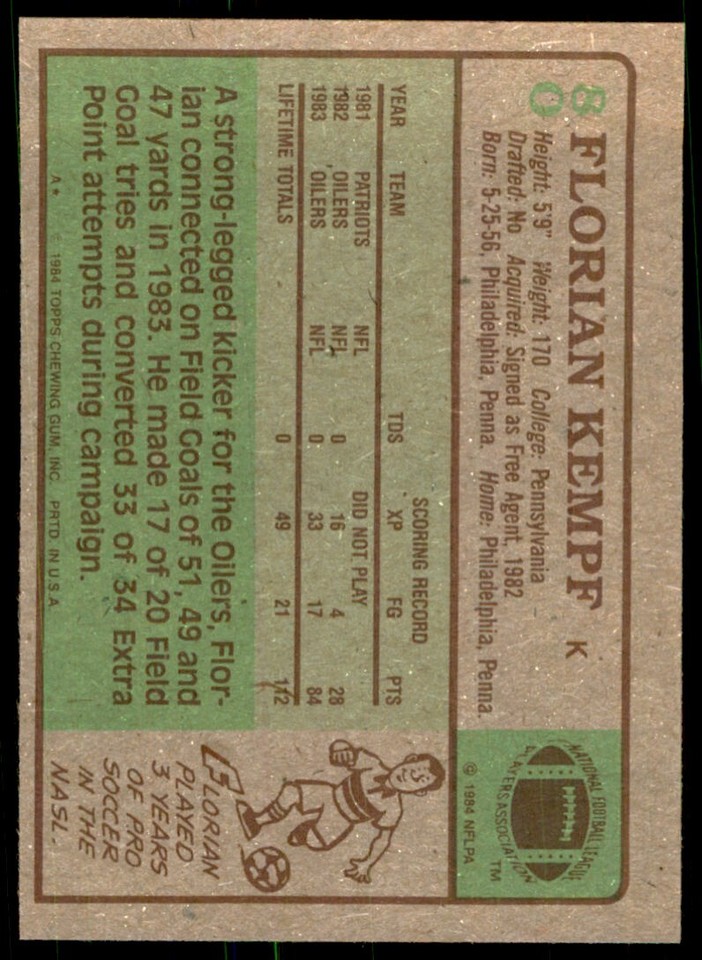 1984 TOPPS^ FLORIAN KEMPF HOUSTON OILERS #80 | eBay