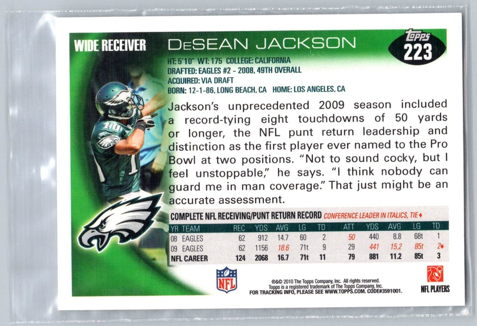 2010 TOPPS ROOKIE CARD # 223 DeSean Jackson - Philadelphia Eagles | eBay