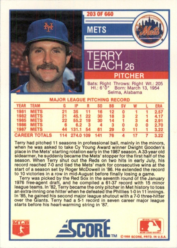 1988 Score MLB Terry Leach #203 | eBay