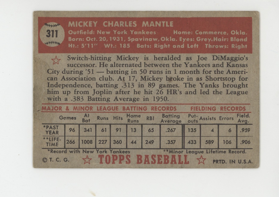 1952 Topps Gum Co. Baseball #311 Mickey Mantle New York Yankees ...
