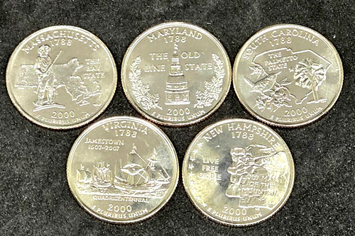 2000 D State Quarter Lot 5 Uncirculated Quarters S.C., Mass., Vir., N.H ...