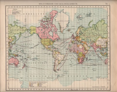 Landkarte map 1905: Weltverkehr und Kolonialgebiete. Die Besitzungen ...