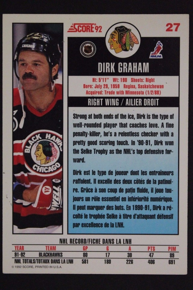 Dirk Graham Chicago Black Hawks Autographed 1992 Score #27 Hockey Card ...