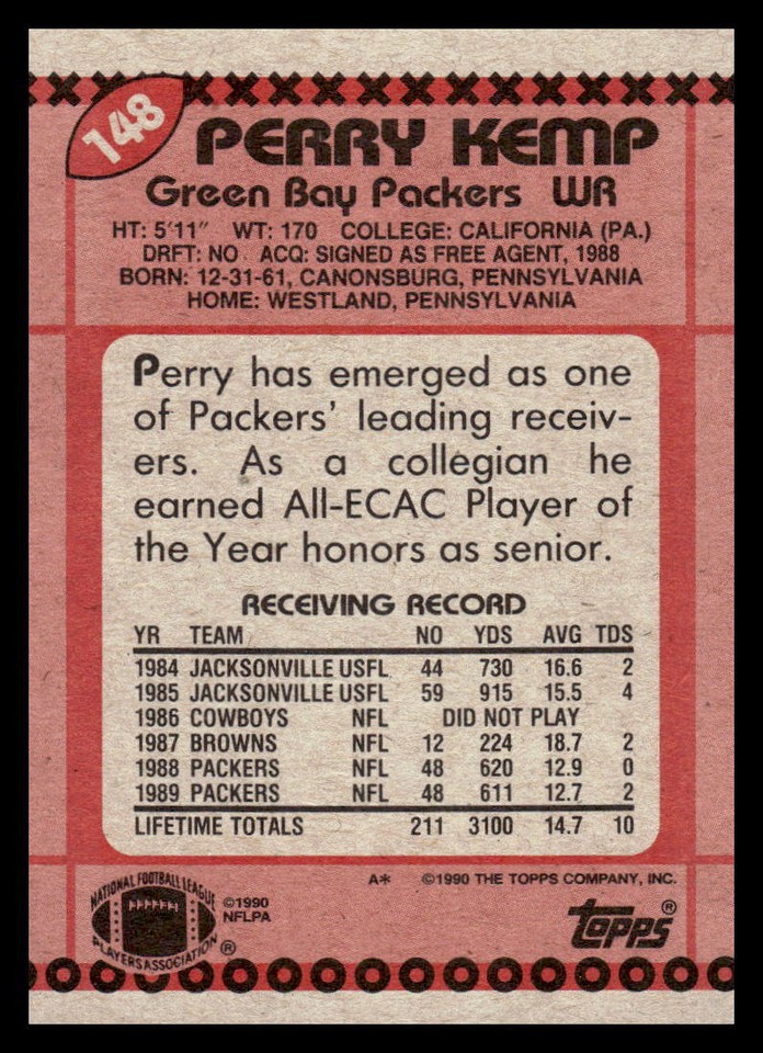 1990 Topps Perry Kemp #148 Green Bay Packers Football Card | eBay