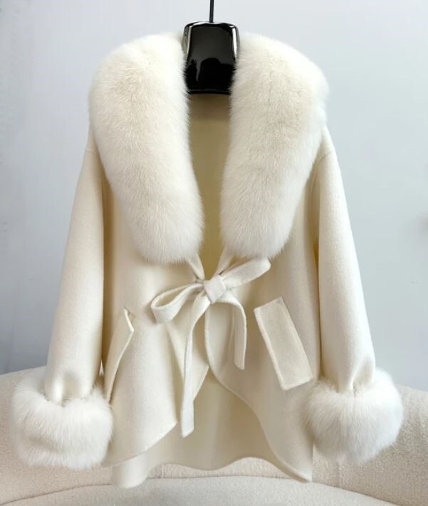 Women's Brand New Cream Cashmere Wool Cape Cloak Jacket Coat Fox Fur | eBay