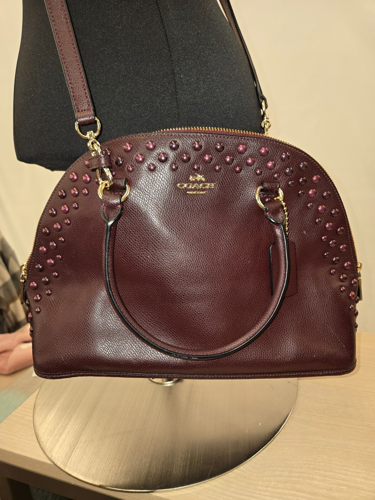 Coach Cora Oxblood Studded Cross Grain Leather Satche… - Gem