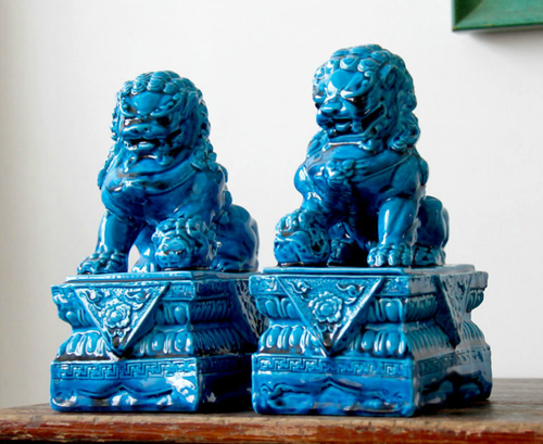 Rare China Bule Glaze Porcelain Fengshui Foo Fu Guardion Lion Pair ...