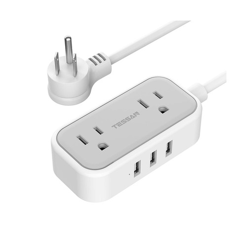 Small Flat Plug Power Strip with 3 USB Ports, TESSAN 2 Outlet Portable ...